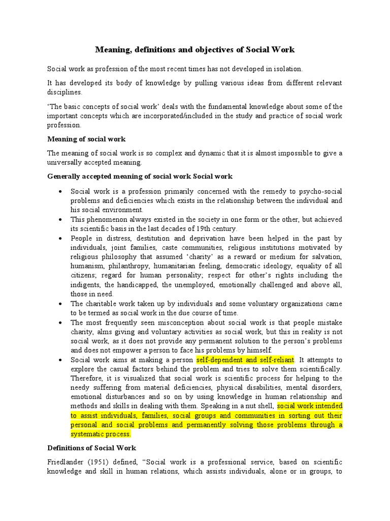 Meaning, Definitions and Objectives of Social Work | PDF | Social Work ...