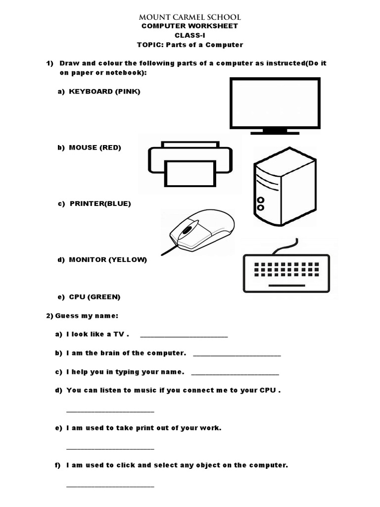 Parts of A Computer Worksheet - Class1 | PDF