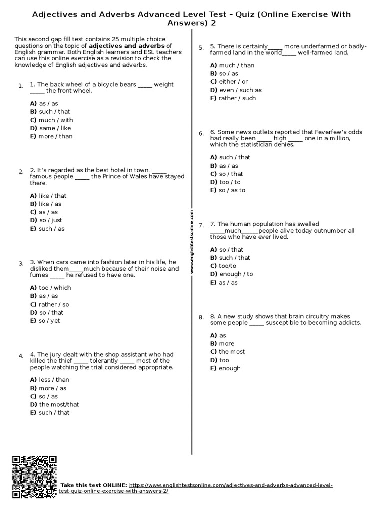 Advanced Adjectives and Adverbs Quiz | PDF | Multiple Choice | Nature