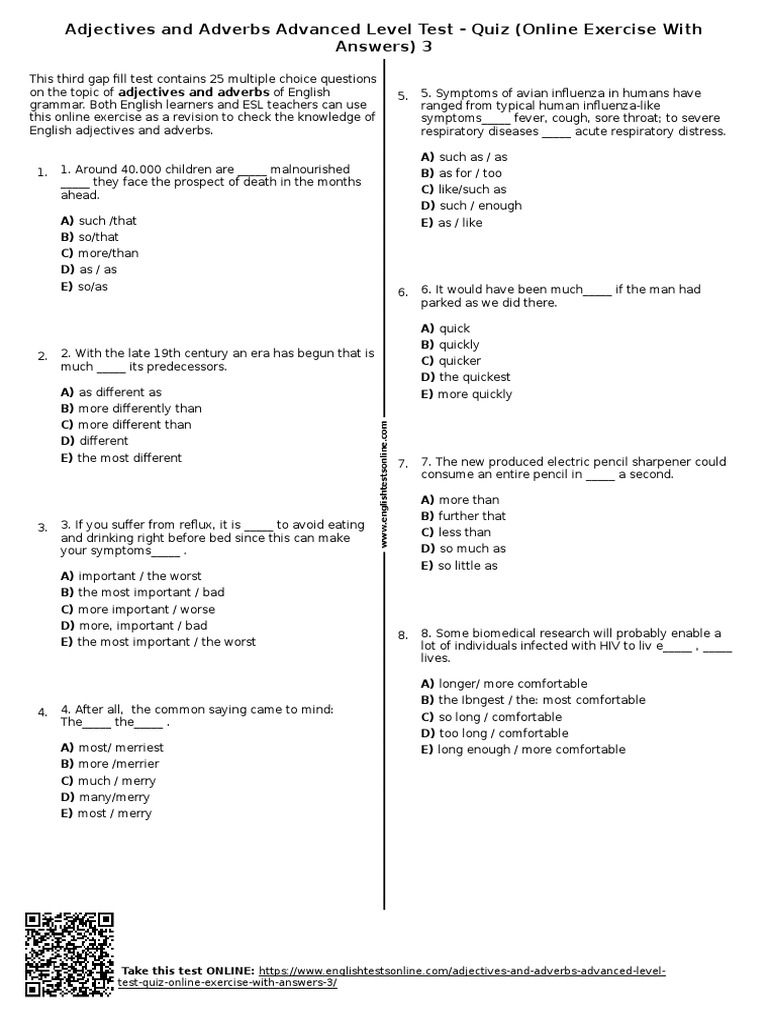 341 - Adjectives and Adverbs Advanced Level Test Quiz Online Exercise ...