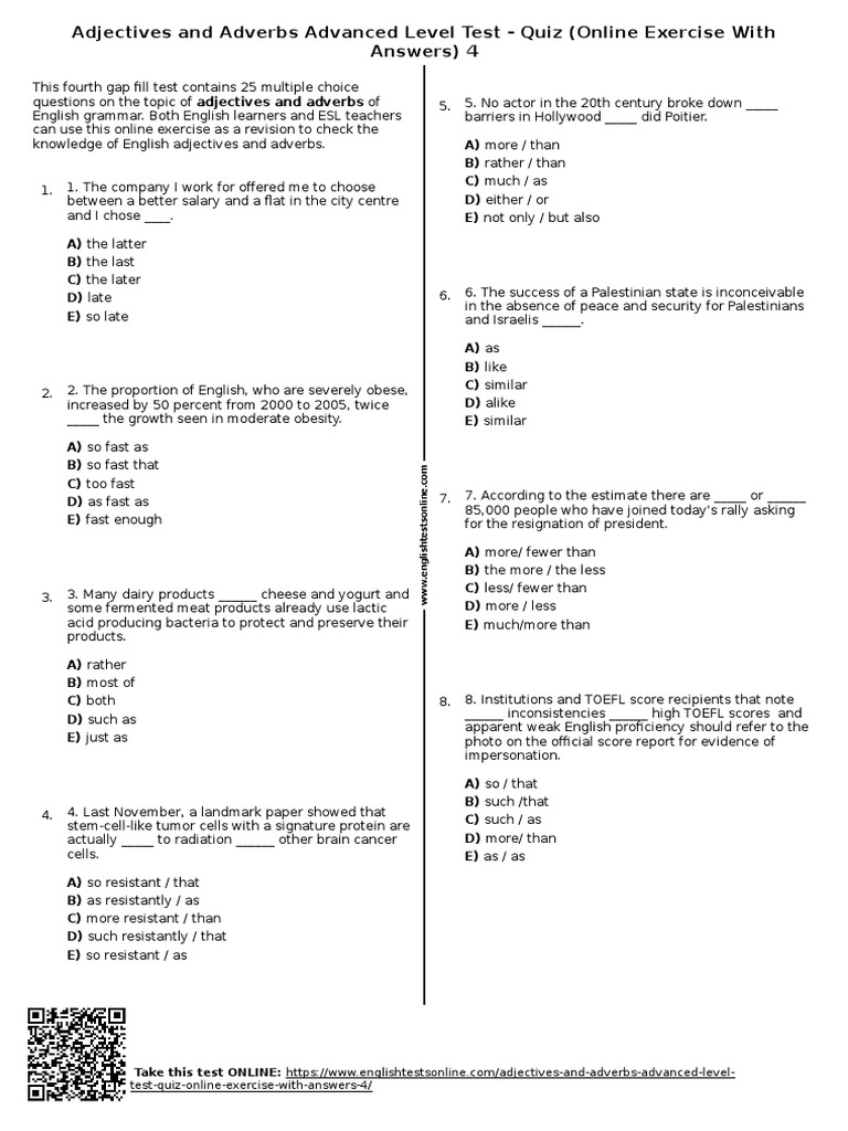 Adjectives and Adverbs Quiz Online | PDF | Multiple Choice | Health ...