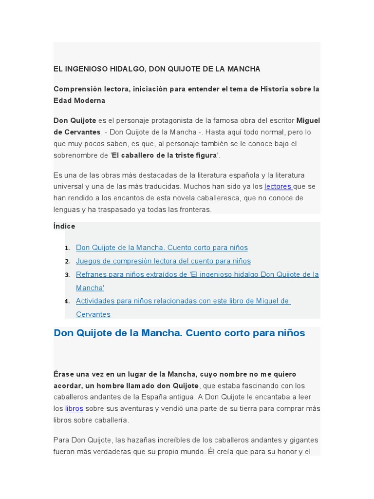 EL INGENIOSO HIDALGO. Don Quijote. Lecrtura para Inciar Tema Historia ...