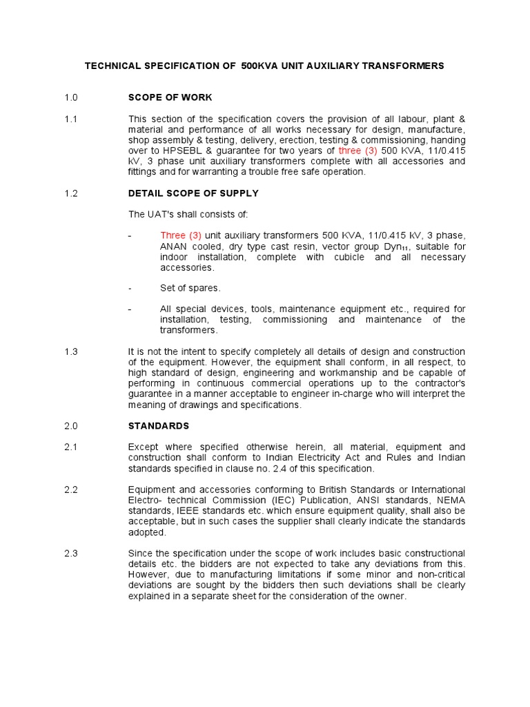 500kVA UAT Technical Specification | PDF | Transformer | Insulator ...