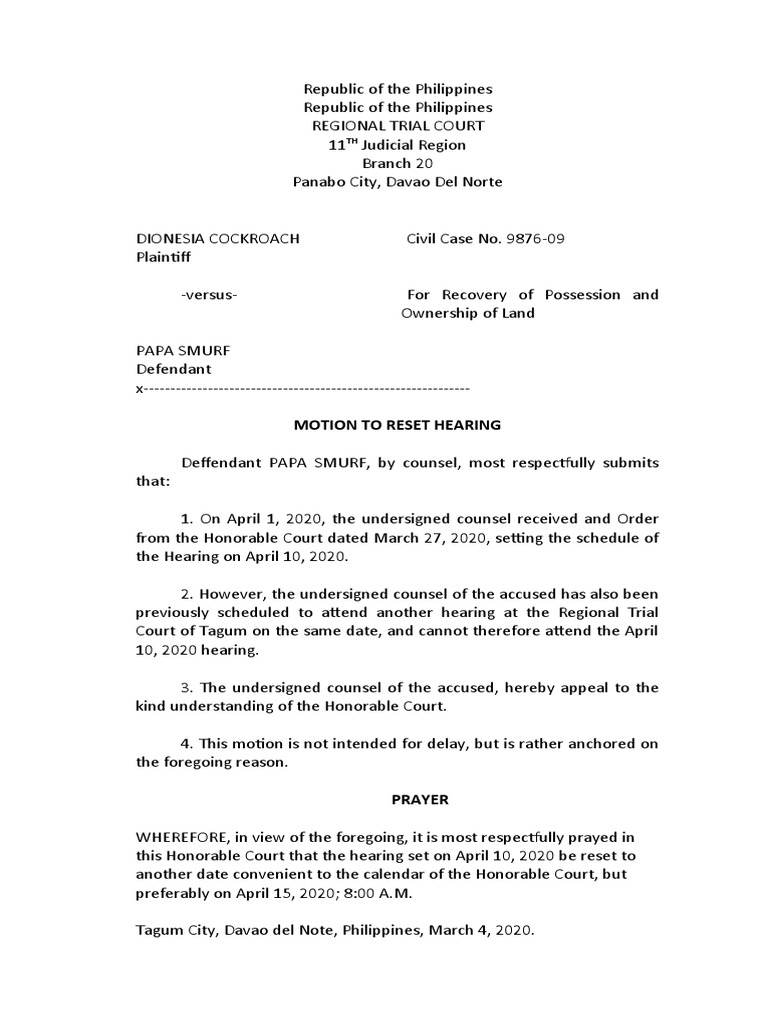 Motion To Reset Hearing Civil | PDF | Virtue | Judiciaries