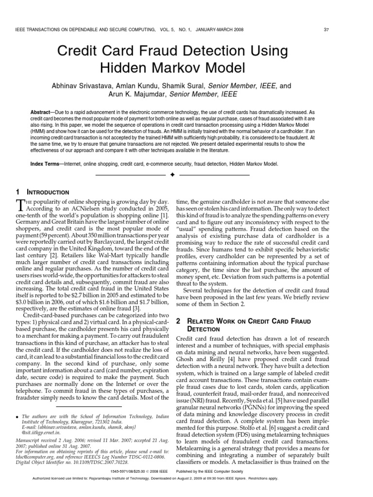 Detecting Credit Card Fraud Using Hidden Markov Models | PDF | Credit Card | Markov Chain