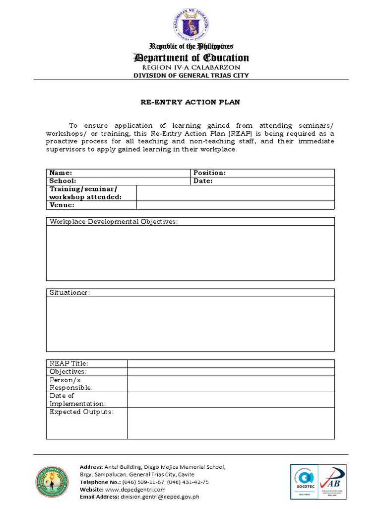 Re-Entry Action Plan: Name: Position: School: Date: Training/seminar ...