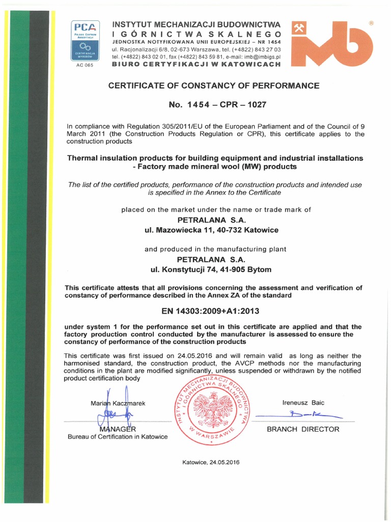 Certificate of Constancy of Performance 1454 CPR 1027 Certyfikat 9f17 ...