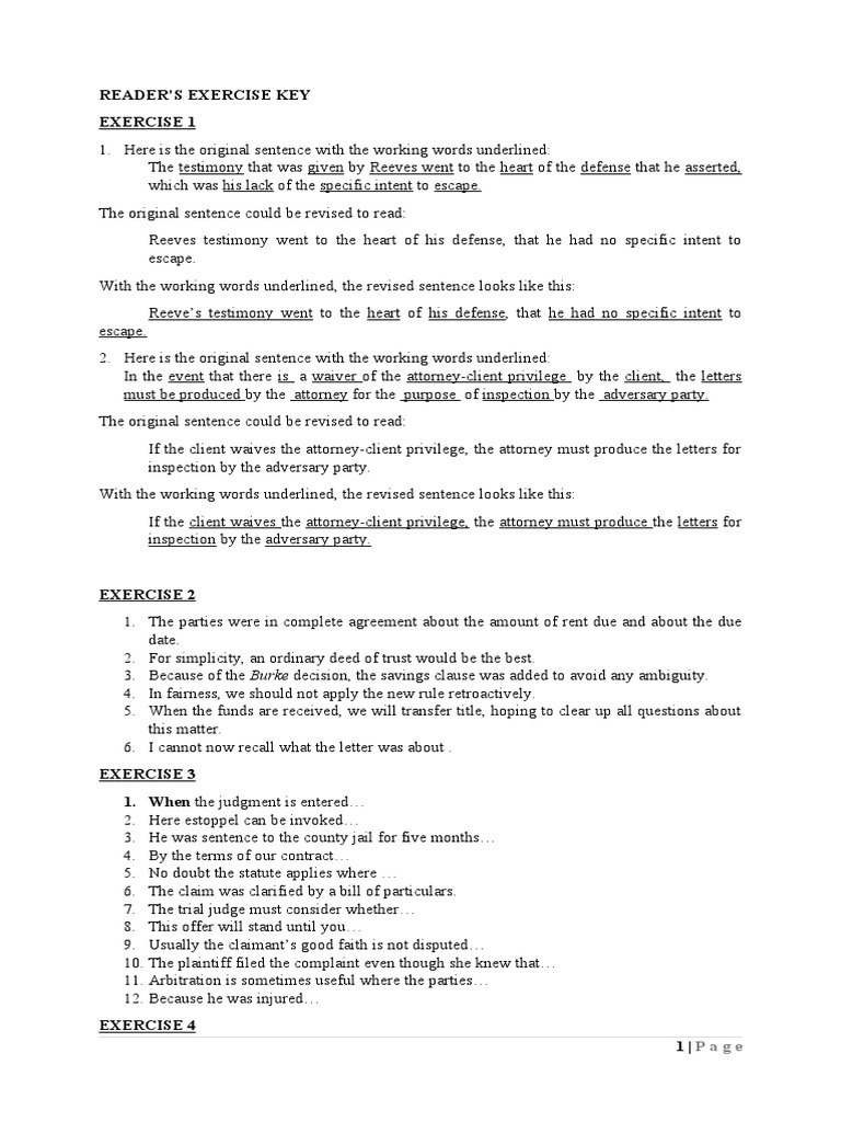 Reader'S Exercise Key Exercise 1 | PDF | Lawyer | Discovery (Law)