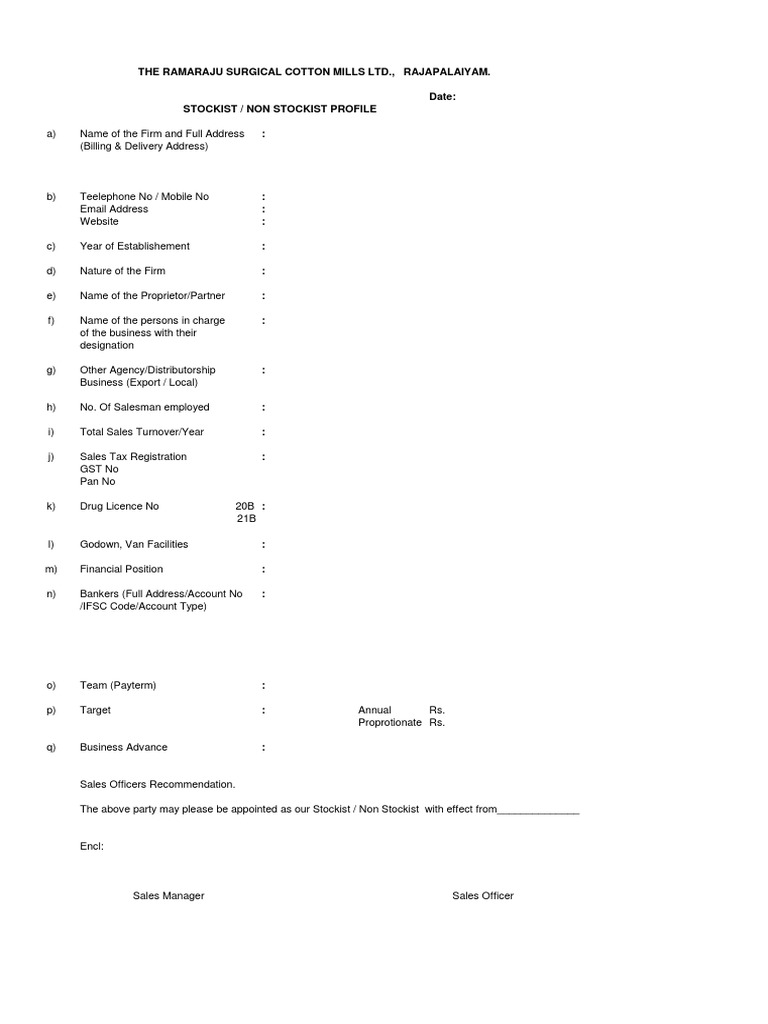 Stockist Profile Template | PDF | Finance & Money Management