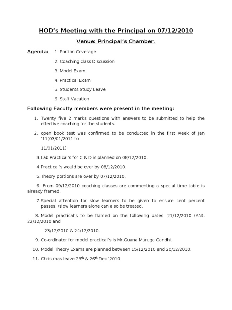 HOD's Meeting With The Principal On 07/12/2010 | PDF | Test (Assessment ...