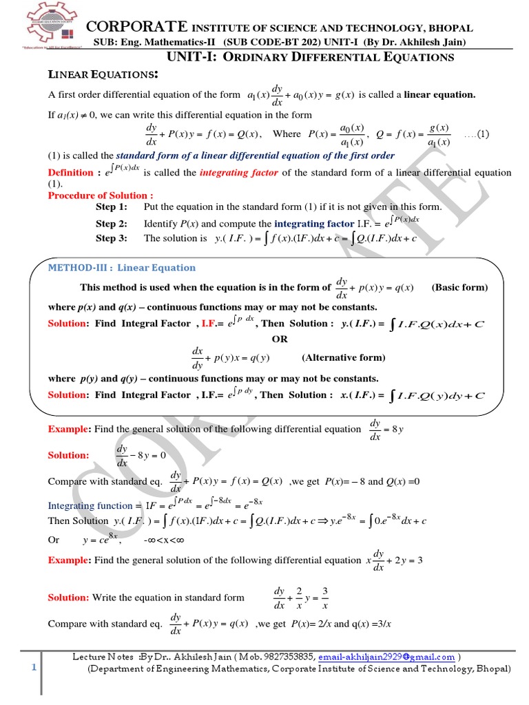 Mathematics-Ii (M2) For RGPV Bhopal by Dr. Akhilesh Jain, Solution of Diff Equations 2 Linear ...
