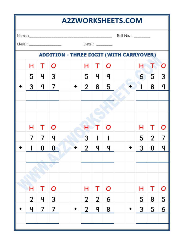 Addition Worksheet - 3 Digit Addition (With Carryover) - 05 | PDF