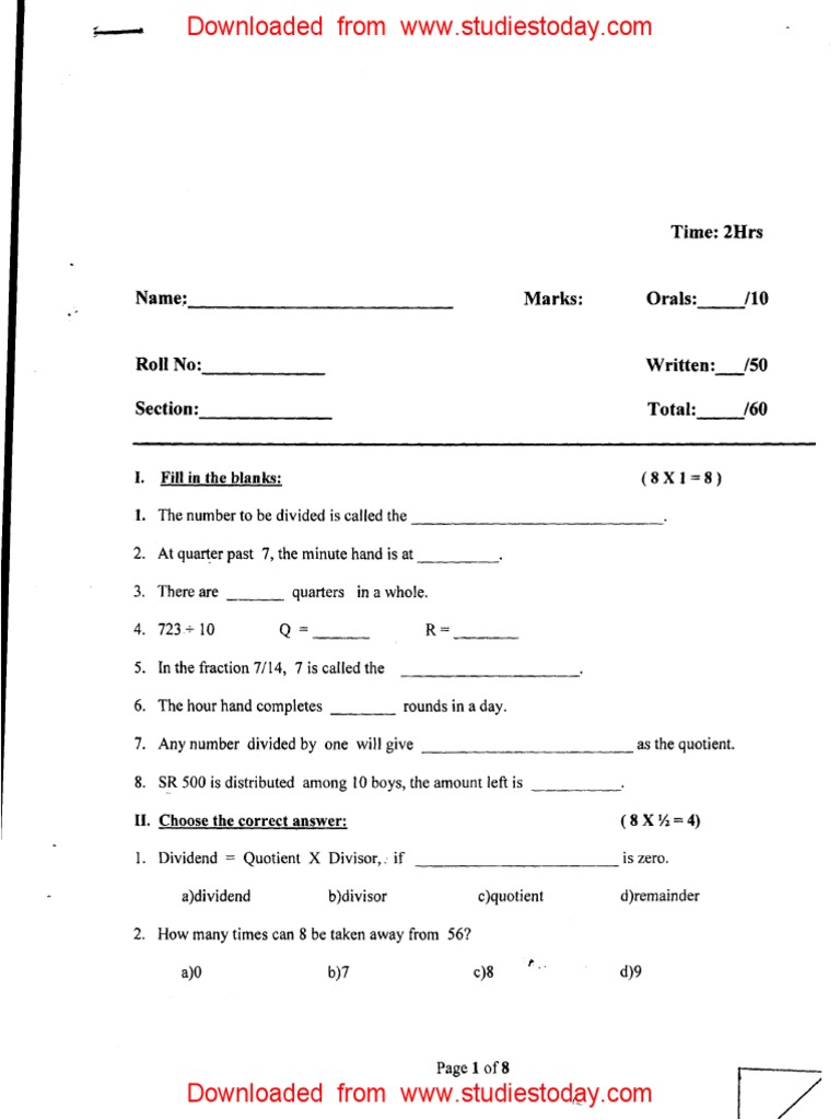 CBSE Class 3 Mathematics Question Paper Set K PDF | PDF
