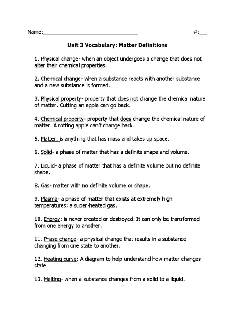 Unit 3 Vocabulary: Matter Definitions | PDF | Philosophy | Language ...