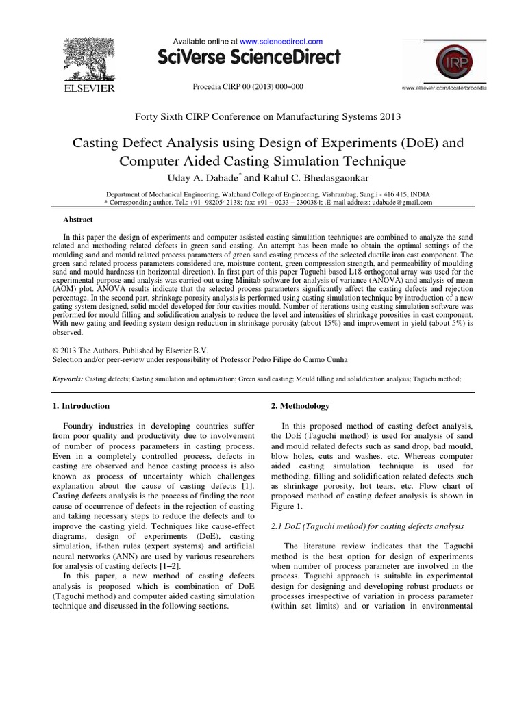 Casting Defect Analysis Using Design of Experiments (Doe) and Computer Aided Casting Simulation ...