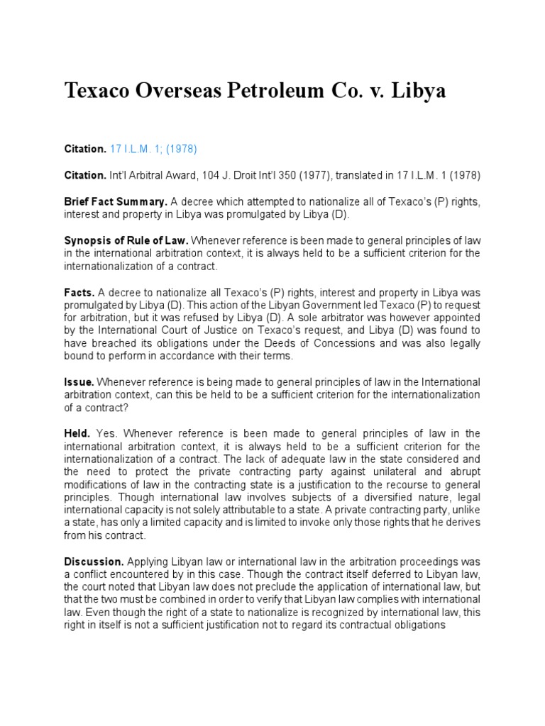 Texaco v. Libya Arbitration Case Summary | PDF | Arbitration | Justice