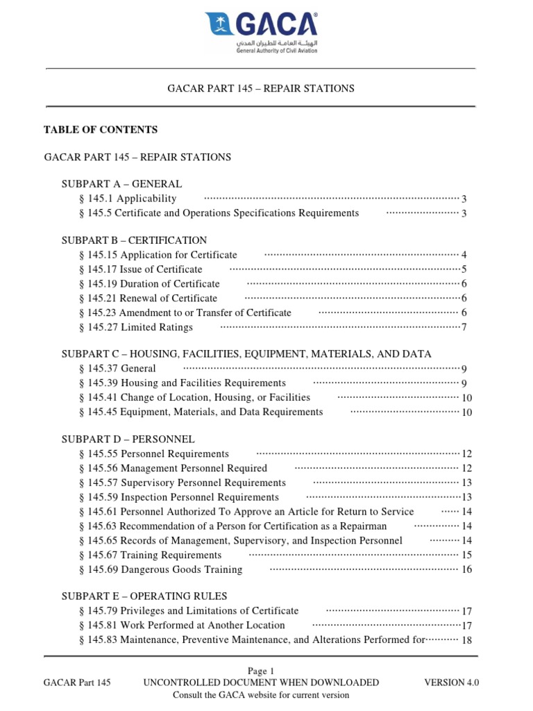GACAR Part 145 Uncontrolled Document When Downloaded Consult The GACA ...