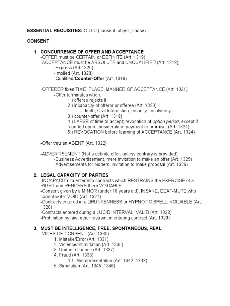 ESSENTIAL REQUISITES: C-O-C (Consent, Object, Cause) Consent 1 ...