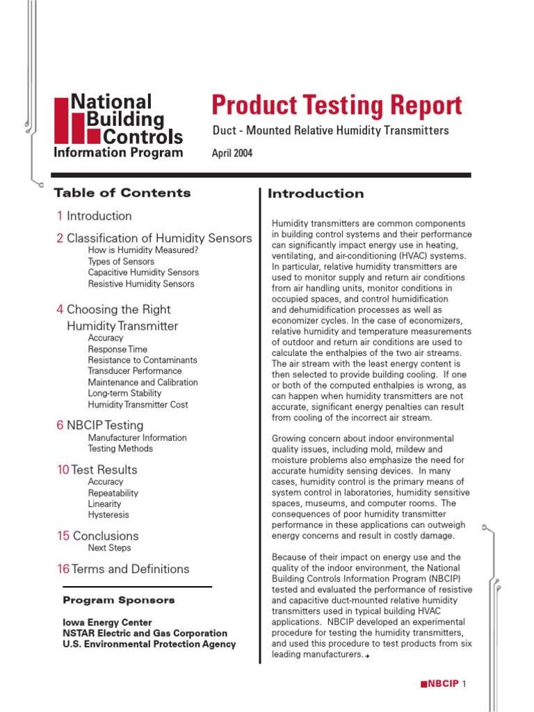NBCIP Duct-Mounted Relative Humidity Sensor Report | PDF | Humidity ...