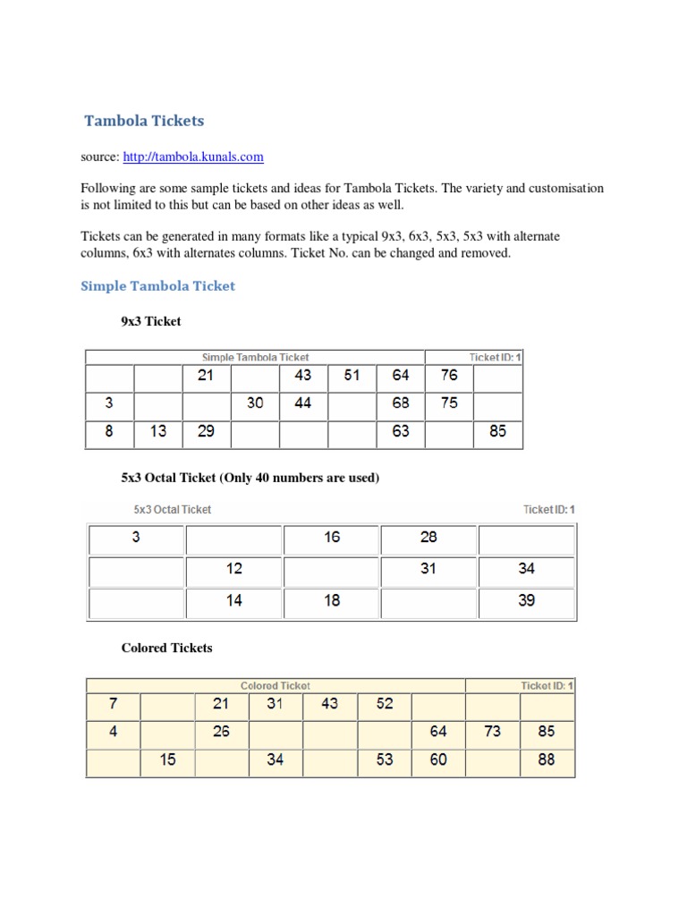 Customizable Tambola Ticket Designs | PDF