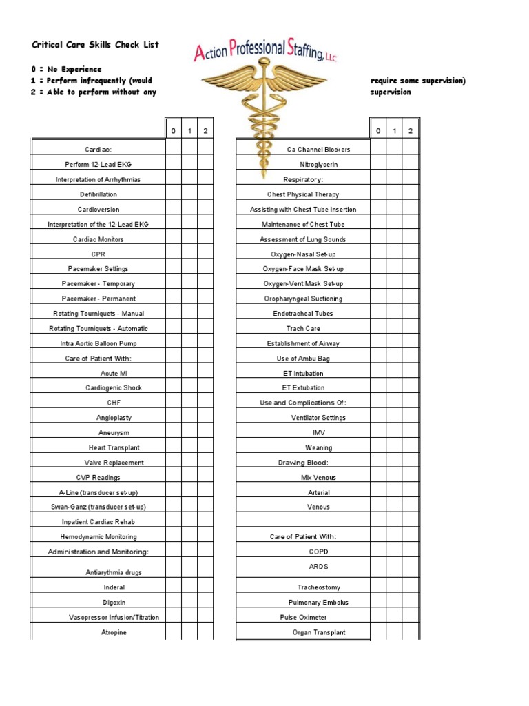 Critical Care Skills Check List | PDF | Heart | Intravenous Therapy