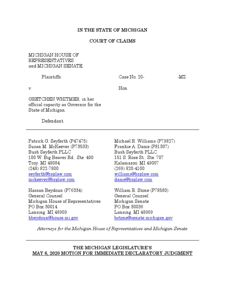Motion For Declaratory Judgment Against Michigan Gov. Gretchen Whitmer ...