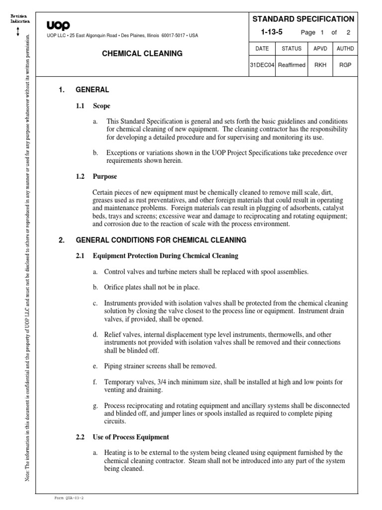 Standard Specification 1-13-5 Chemical Cleaning: 1. General 1.1 Scope ...