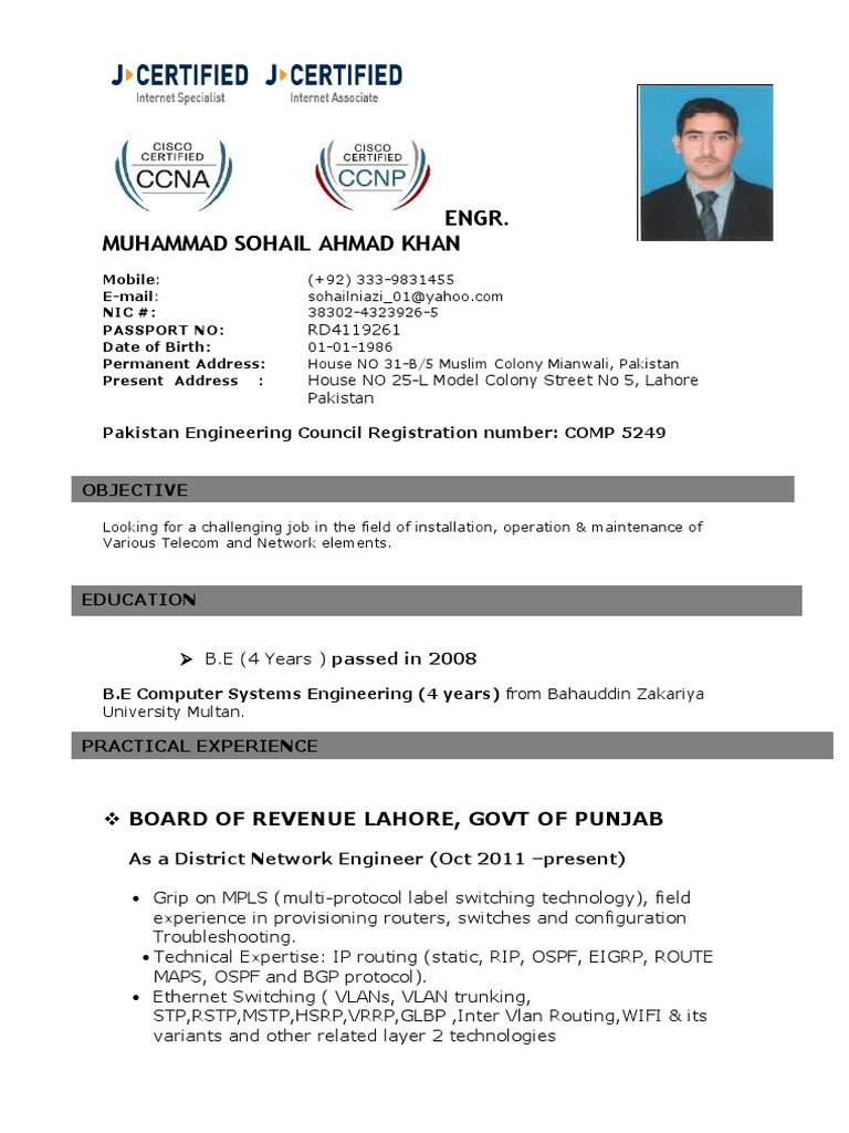 '''Engr - Muhammad Sohail Khan - CV | PDF | Multiprotocol Label ...
