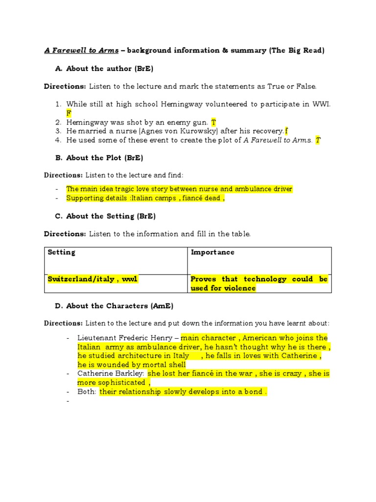 A Farewell To Arms - Background Information & Summary (The Big Read) | PDF