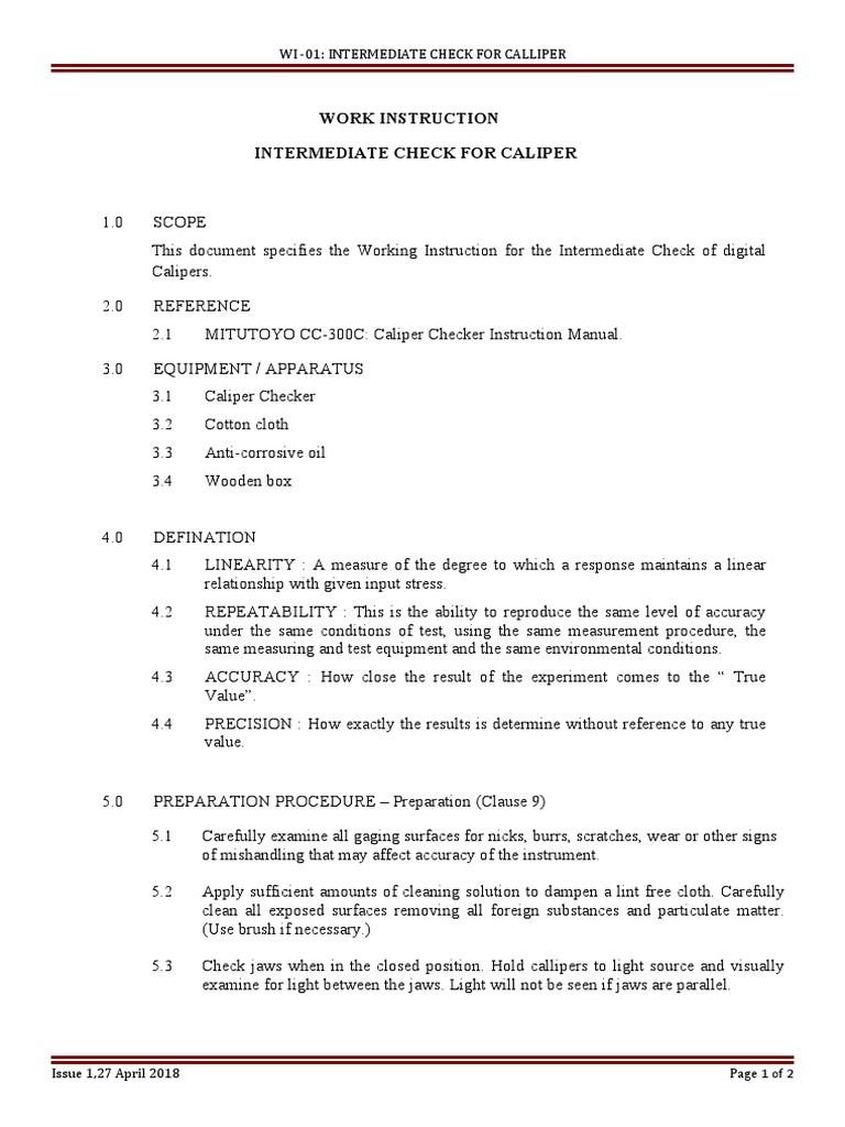 Procedures for Performing an Intermediate Accuracy Check on Calipers ...