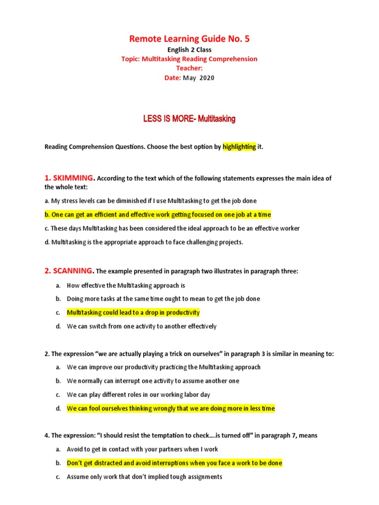 Workshop Reading Strategies-MULTITASKING | PDF | Reading Comprehension ...