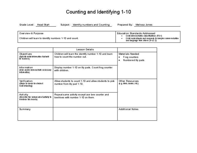 Counting 1-10 Lesson Plan for Kids | PDF