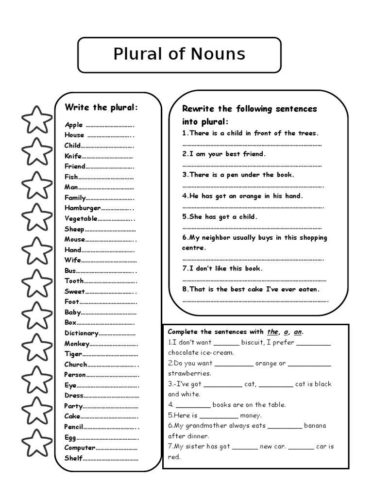 Plural Nouns Worksheet for Grade 6 | PDF