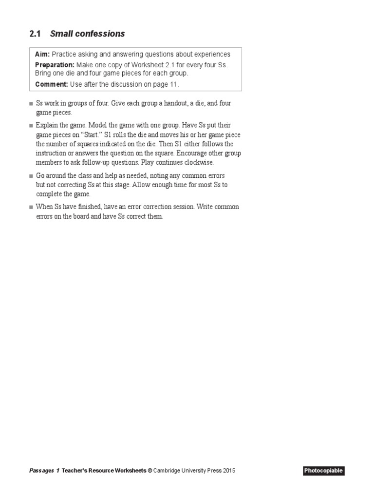 Passages3e SB1 Unit2 Teacher Resource Worksheet 1 | PDF