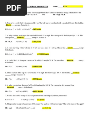 Calculating Potential Energy Worksheet Answers Kinetic Energy
