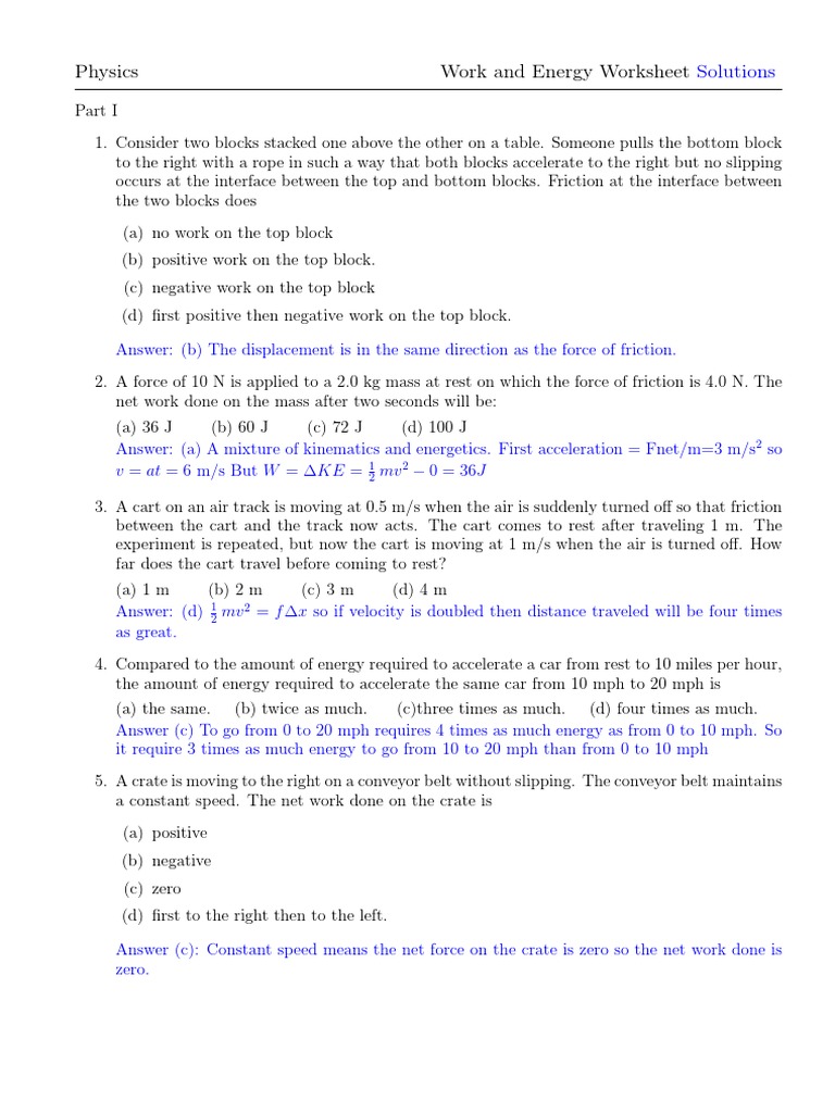 Physics Work and Energy Worksheet: Solutions | PDF | Force | Friction