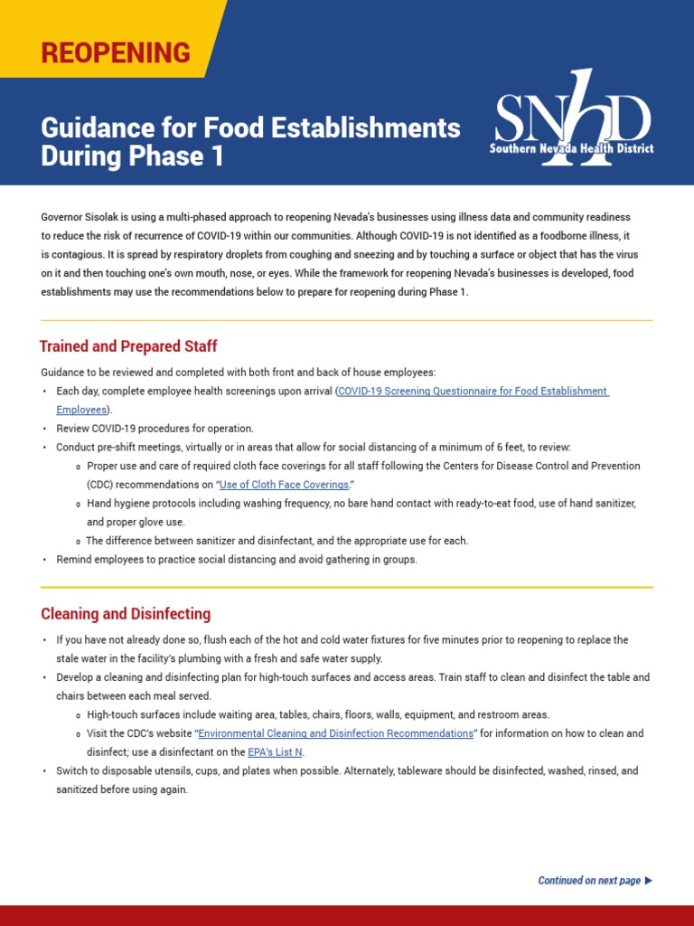 SNHD Reopening Guidance and Checklist For Food Establishments Phase 1 ...