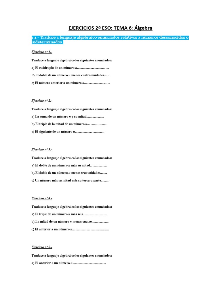 Ejercicios de Álgebra 2º ESO | PDF | División (Matemáticas) | Sustracción