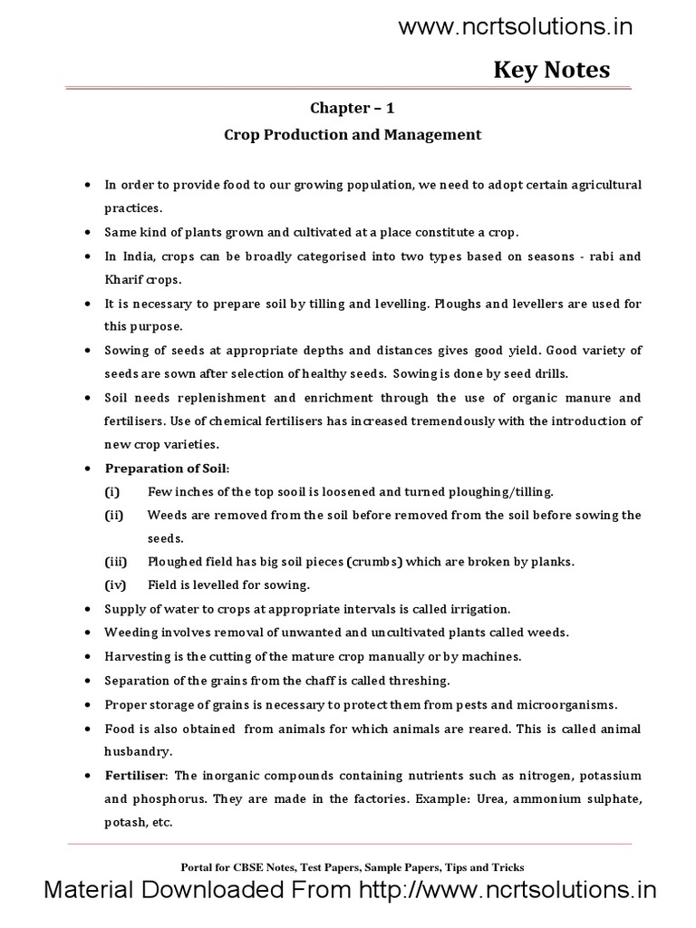 Key Notes: Chapter - 1 Crop Production and Management | PDF ...