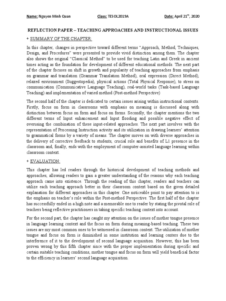 Reflection Paper - Teaching Approaches and Instructional Issues | PDF ...