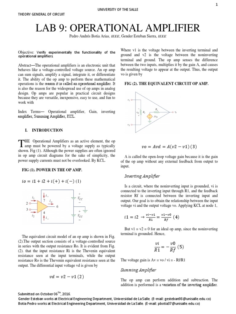 Lab 9: Operational Amplifier: Fig (2) - The Equivalent Circuit Op Amp ...