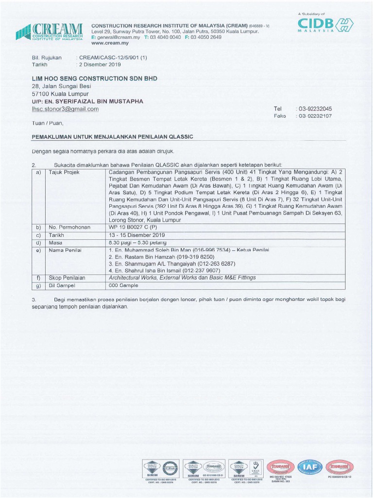 901.1 Lim Hoo Seng Construction SDN BHD PDF | PDF