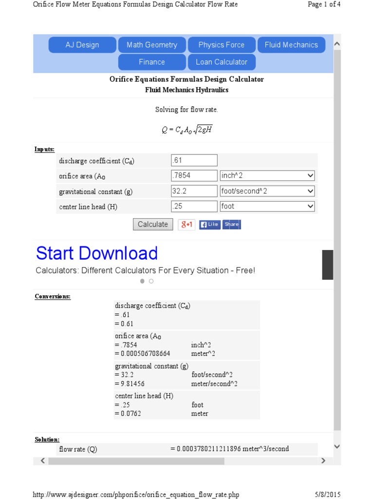 Start Download: Orifice Equations Formulas Design Calculator | PDF ...