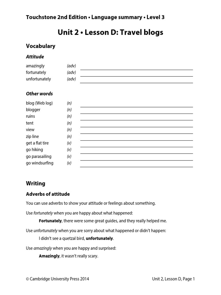 Unit 2 - Lesson D: Travel Blogs: Touchstone 2nd Edition - Language Summary - Level 3 | PDF