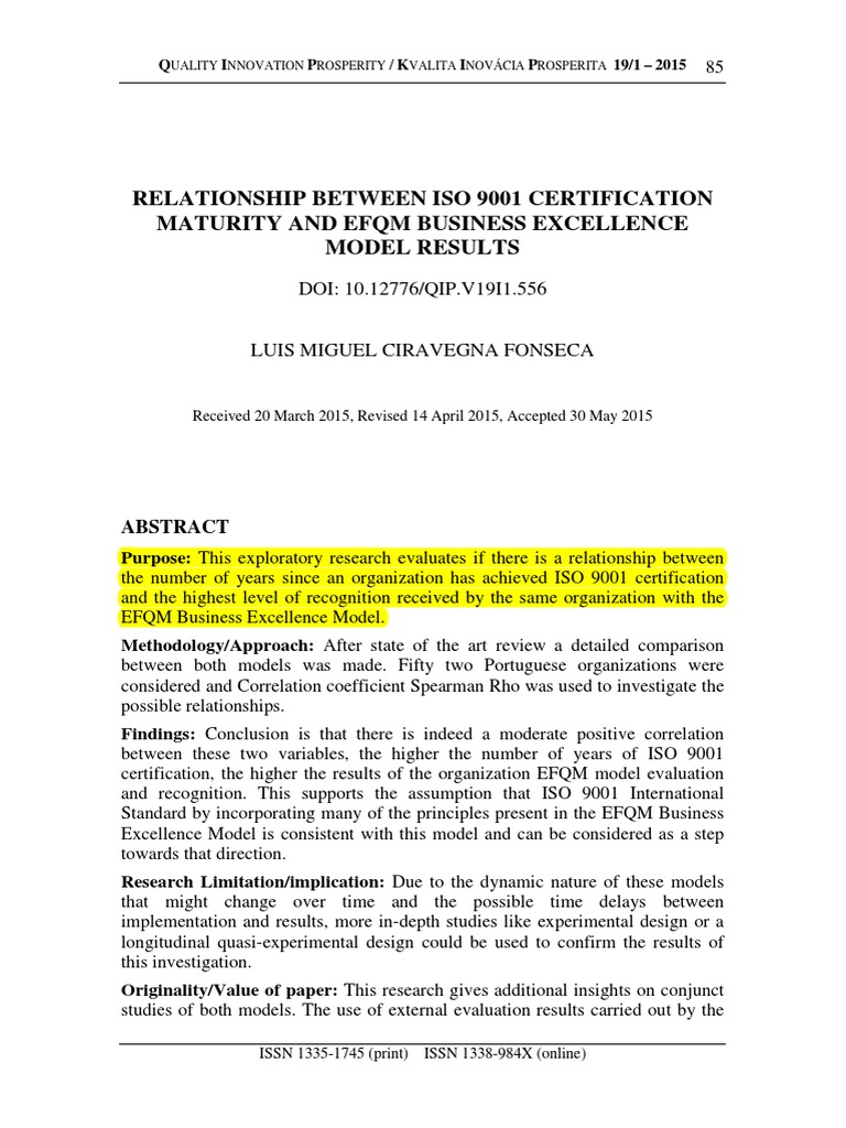 Relationship Between Iso 9001 Certification Maturity and Efqm Business ...