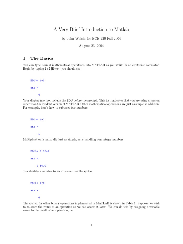 A Very Brief Introduction To Matlab: 1 The Basics | PDF | Matrix (Mathematics) | Parameter ...