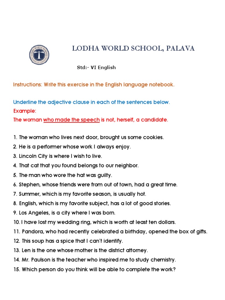 Lodha World School, Palava: Instructions: Write This Exercise in The ...