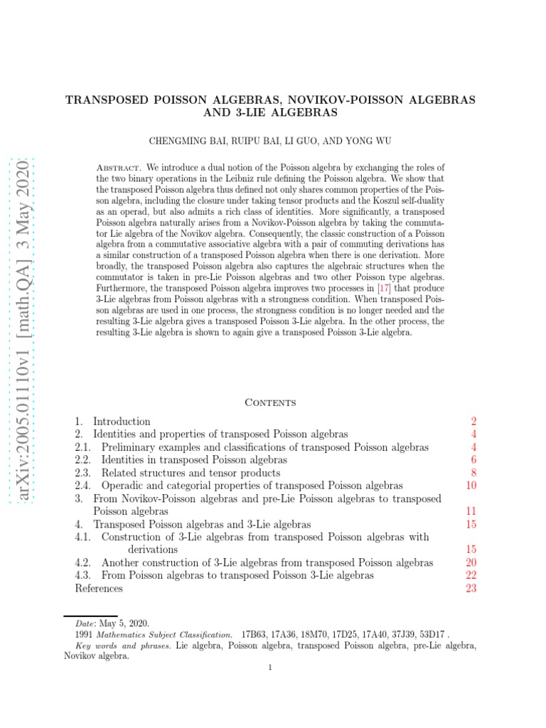 Transposed Poisson Algebras | PDF | Lie Algebra | Algebra