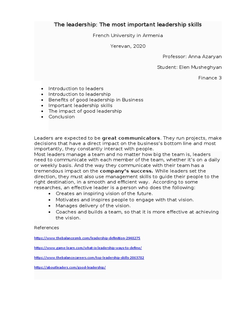 The Leadership: The Most Important Leadership Skills: References | PDF