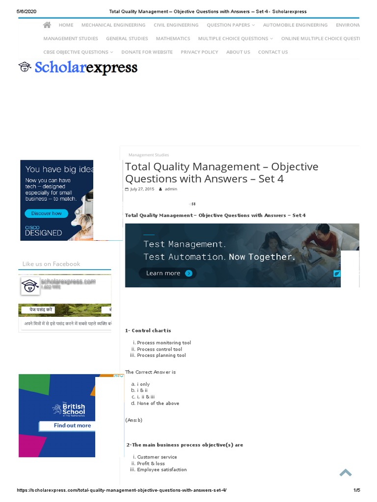 Total Quality Management - Objective Questions With Answers - Set 4 ...